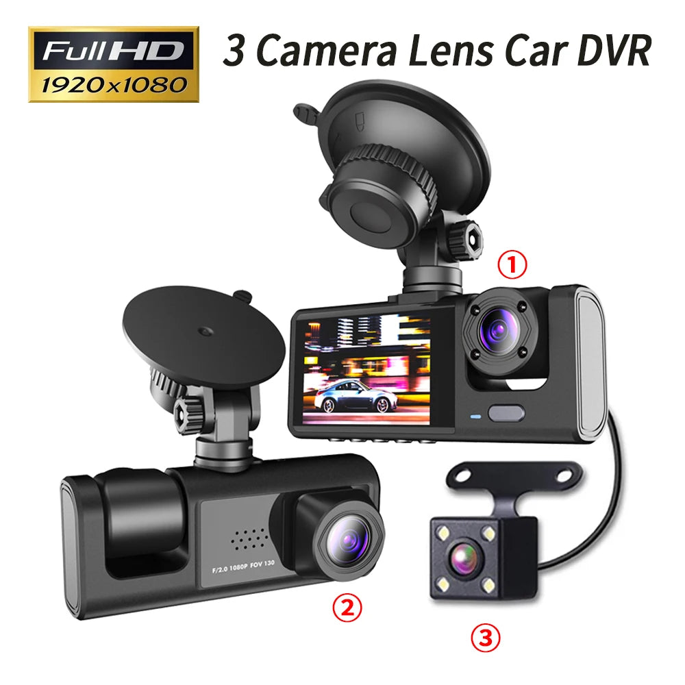 3 Channel Car DVR HD 1080P Dash Cam | 3-Lens Vehicle Camera Recorder ...