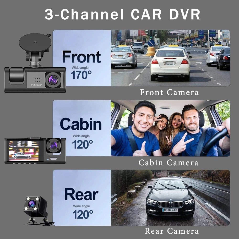 3 Channel Car DVR HD 1080P Dash Cam | 3-Lens Vehicle Camera Recorder ...